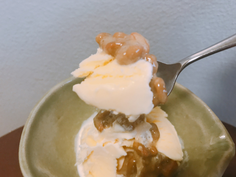 We try ice cream with a topping of natto fermented soybeans, because ...