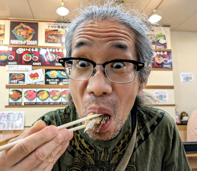 Mr. Sato is in fish heaven after tasting the freshly grilled mackerel ...
